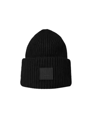 Acne Studios Ribbed Beanie With Face Patch - Black