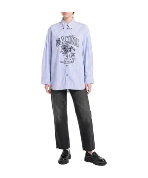 GANNI Striped Long Sleeve Shirt With Logo Graphic