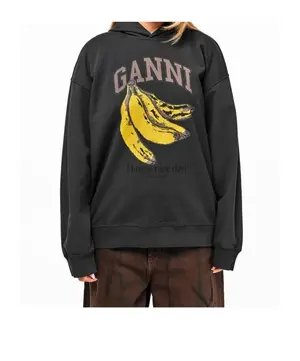 GANNI Printed Pullover Hoodie With Graphic Detail - Black