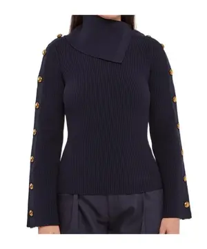 Elisabetta Franchi Ribbed Knit High-neck Sweater With Button Details - Blue