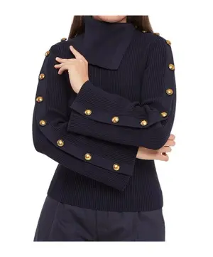 Elisabetta Franchi Ribbed Knit High-neck Sweater With Button Details - Blue