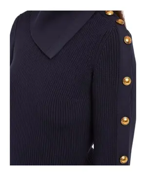 Elisabetta Franchi Ribbed Knit High-neck Sweater With Button Details - Blue