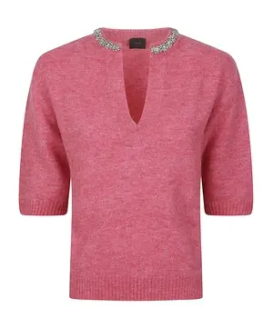 Pinko V-neck Short-sleeve Sweater With Embellished Collar - Rosa