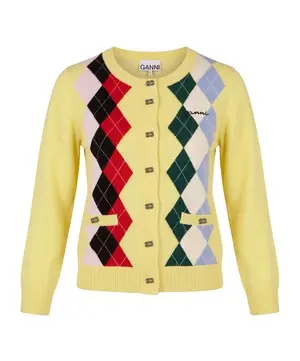 GANNI Argyle Knit Cardigan With Embroidered Logo - Yellow