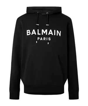Balmain Logo Cotton Printed Hoodie - Black