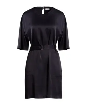 Brunello Cucinelli Belted Satin Crewneck Dress - Black