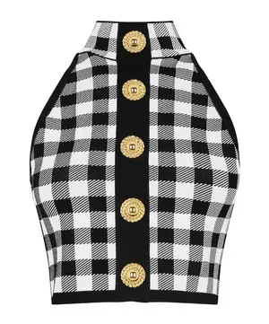 Balmain Knitted Checked Cropped Vest - Black