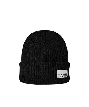 GANNI Oversized Ribbed Wool Beanie - Black