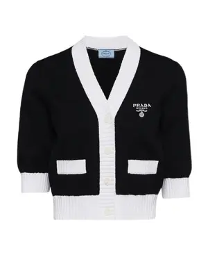 Prada Cropped V-neck Cardigan With Embroidered Logo - Black/white