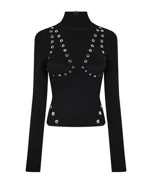 Off-White High-neck Sweater With Silver Studded Details And Back Zipper