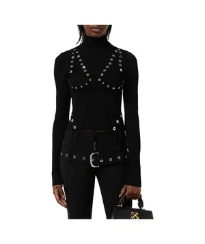 Off-White High-neck Sweater With Silver Studded Details And Back Zipper