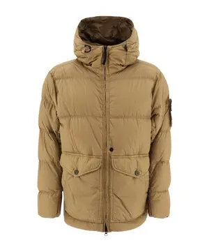 Stone Island Logo Patch Hooded Puffer Jacket - Biscuit