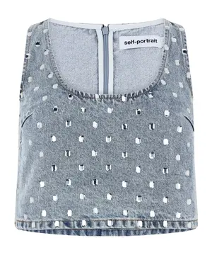 SELF-PORTRAIT Rhinestone Embellished Denim Top