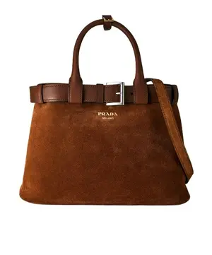 Prada Medium Belt Buckle Suede Bag With Belt - Cocoa