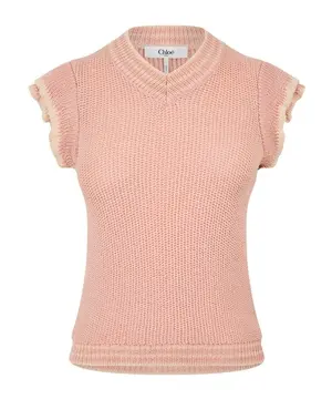 Chloé Short Sleeve Ruffle V-neck Sweater - Pink