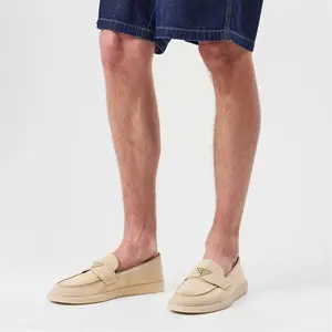 Prada Suede Loafers With Metal Triangle Logo - Desert-colored