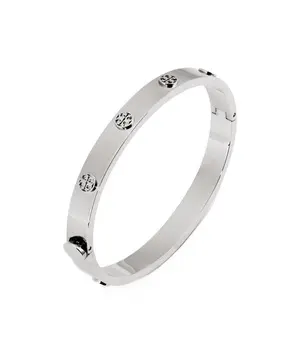 Tory Burch Silver-tone Engraved Slim Hinged Bangle - White