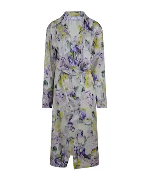 Off-White Floral Print Satin Twist Long Dress - Gray
