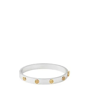 Tory Burch Two-tone Logo Motif Hinged Bangle - White