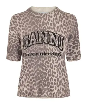 GANNI Leopard Print Crew Neck Short Sleeve Sweater - Nude