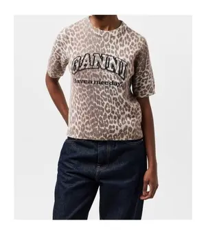 GANNI Leopard Print Crew Neck Short Sleeve Sweater - Nude