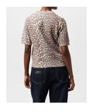 GANNI Leopard Print Crew Neck Short Sleeve Sweater - Nude