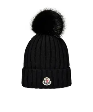 Moncler Ribbed Beanie With Fur Pom Pom - Black