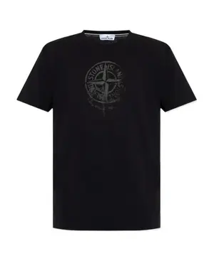 Stone Island Logo Printed Crewneck T-shirt - Black