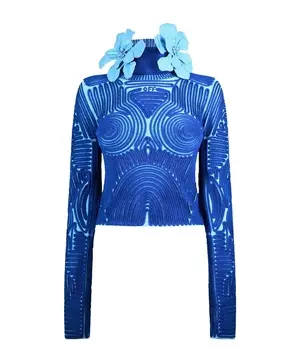 Off-White Flower Embroidered Top - Blue