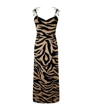 Off-White Zebra Print Midi Dress With Sweetheart Neckline - Black
