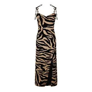 Off-White Zebra Print Midi Dress With Sweetheart Neckline