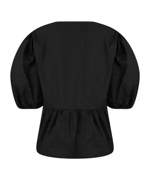 GANNI Cotton Puff Sleeve Top With Bow Detail - Black