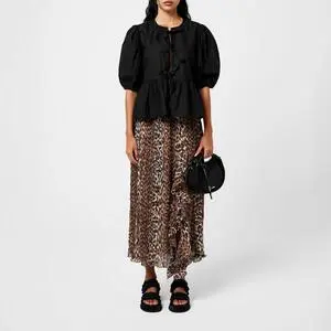 GANNI Cotton Puff Sleeve Top With Bow Detail - Black