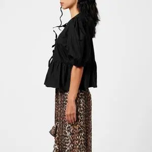 GANNI Cotton Puff Sleeve Top With Bow Detail - Black