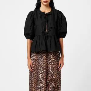 GANNI Cotton Puff Sleeve Top With Bow Detail - Black