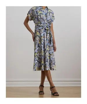Ralph Lauren Floral Print Crepe Belted Midi Dress - Blue