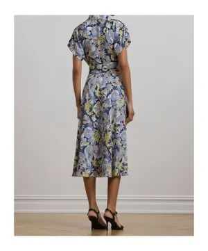 Ralph Lauren Floral Print Crepe Belted Midi Dress - Blue
