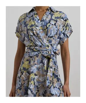 Ralph Lauren Floral Print Crepe Belted Midi Dress - Blue