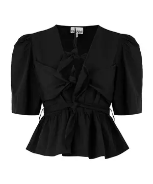 GANNI Tie Detailed V-neck Blouse - Black