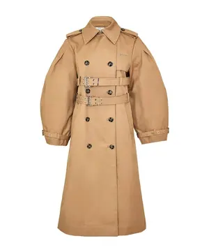 GANNI Lantern Sleeve Buckle Trench Coat - Nude