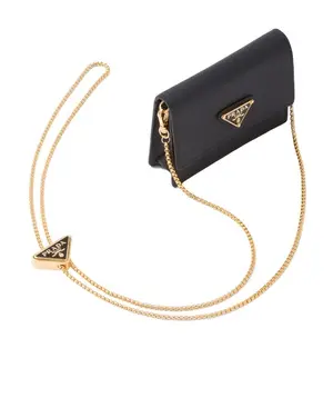 Prada Saffiano Leather Card Holder With Shoulder Strap Black