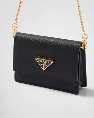 Prada Saffiano Leather Card Holder With Shoulder Strap - Black
