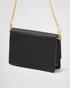 Prada Saffiano Leather Card Holder With Shoulder Strap - Black