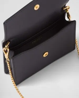 Prada Saffiano Leather Card Holder With Shoulder Strap - Black