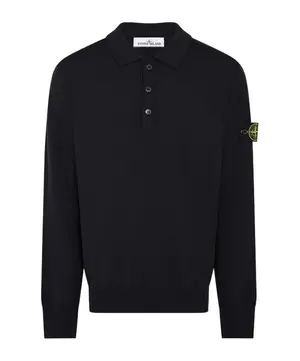 Stone Island Button Wool Polo Shirt - Black
