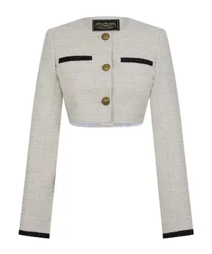 Vetements Cropped Tweed Jacket With Contrasting Piping - Gray