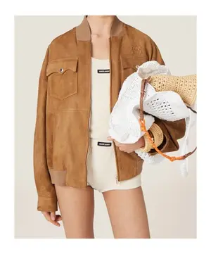 Miu Miu Suede Nappa Leather Bomber Jacket With Embossed Logo