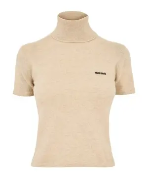 Miu Miu Short Sleeve Turtleneck Knit Top With Embroidered Logo - Nude