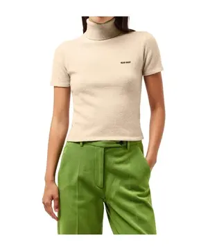 Miu Miu Short Sleeve Turtleneck Knit Top With Embroidered Logo