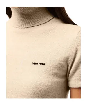 Miu Miu Short Sleeve Turtleneck Knit Top With Embroidered Logo